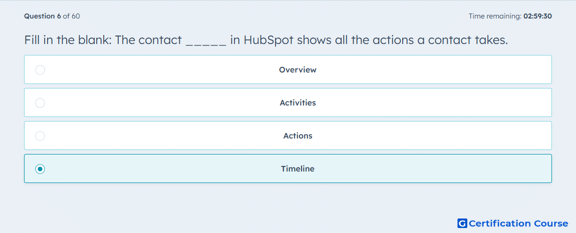 Fill in the blank: The contact _____ in HubSpot shows all th