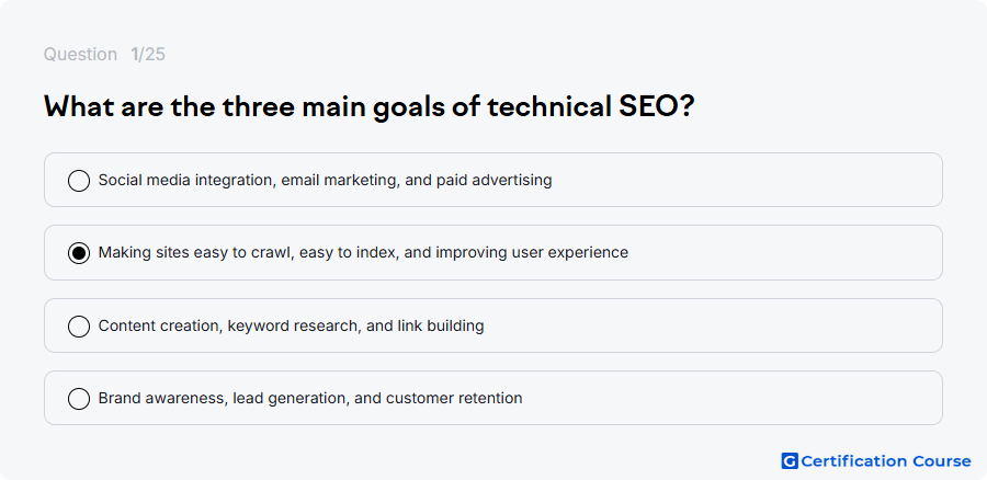 What are the three main goals of technical SEO?